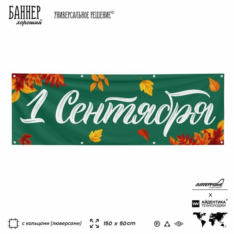 Баннер для праздника, 1 сентября, День Знаний, 150х50 см, зеленый, SilverPlane х Айдентика Технолоджи