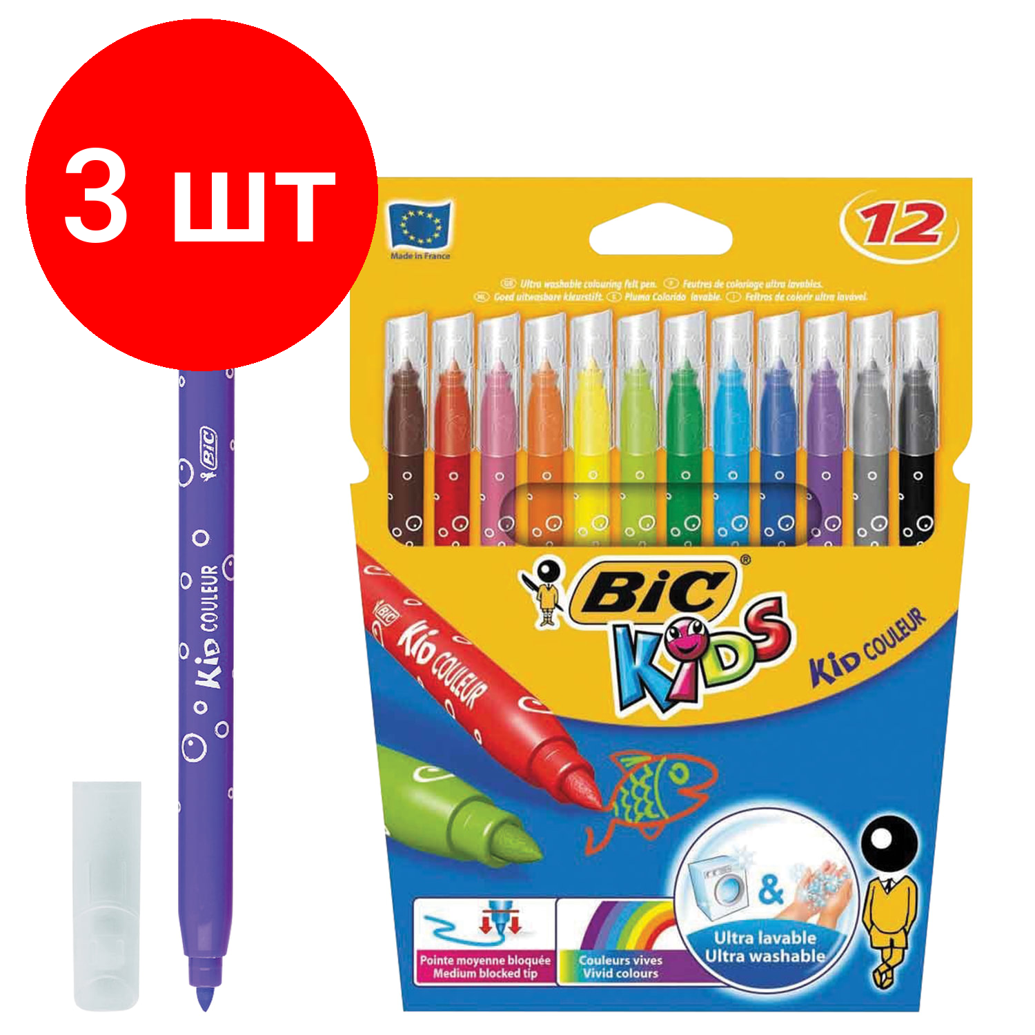 Комплект 3 шт, Фломастеры BIC "Kid Couleur", 12 цветов, суперсмываемые, вентилируемый колпачок, европодвес, 9202932