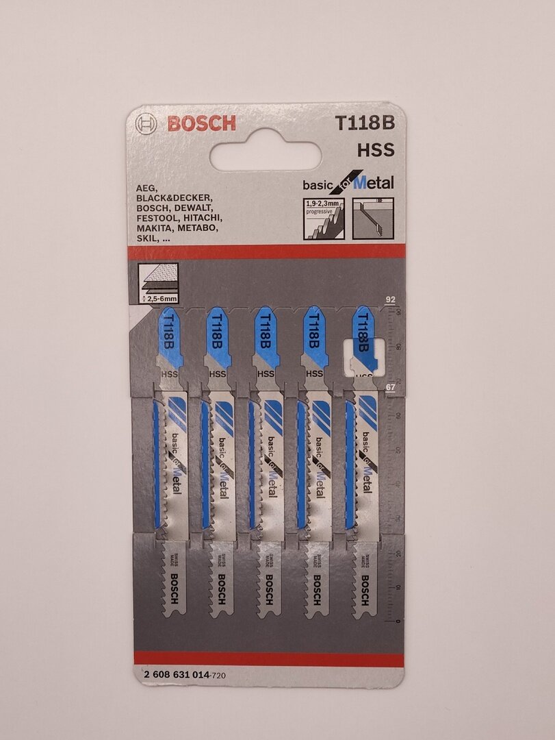 Пилки для лобзиков по металлу T118B HSS (Длина общая - 92мм, рабочая - 67мм) 5 штук Bosch 2608631014 Оригинал