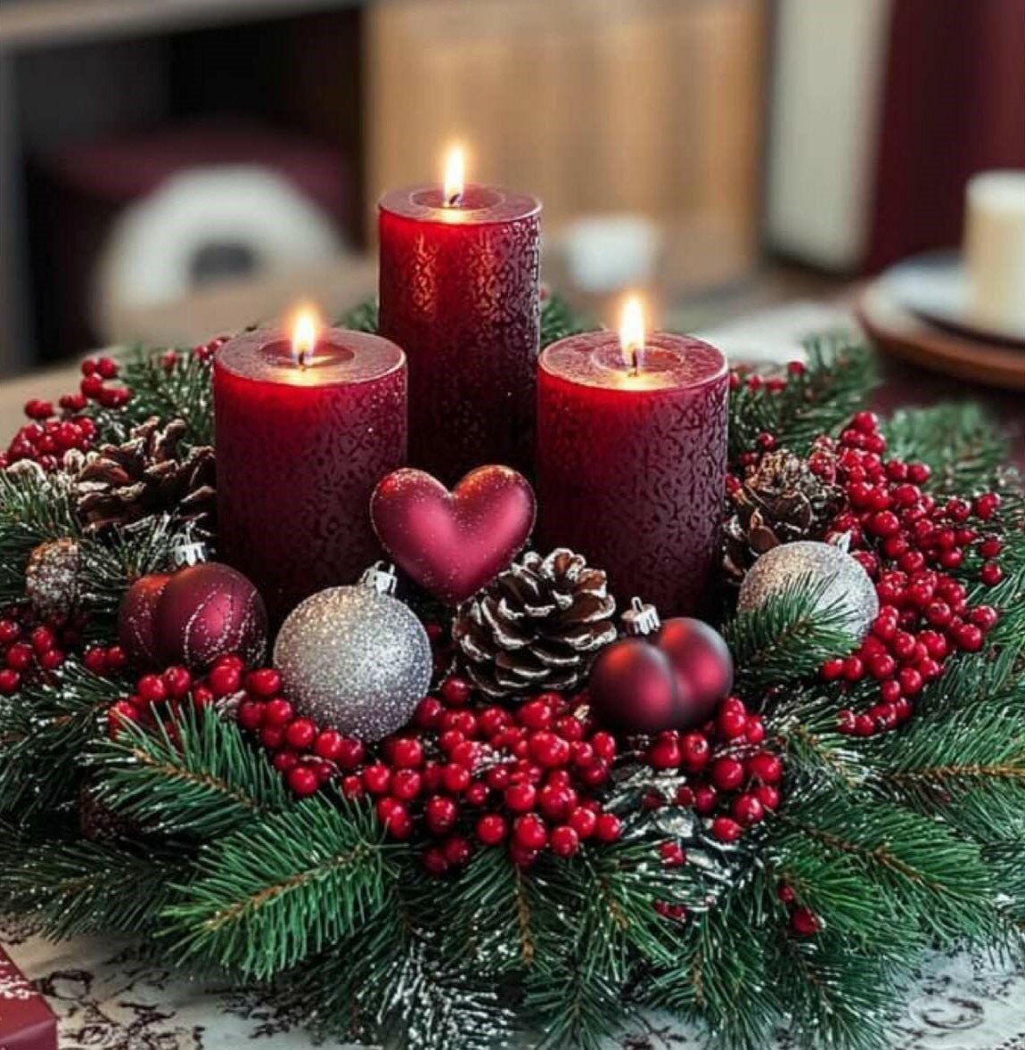 Новогодний декор, рождественская композиция из натурального нобилиса со свечами
