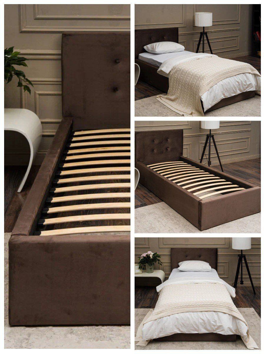 Детская кровать Рина Велюр Кофе с матрасом Лайт (10 см), 80х200 см