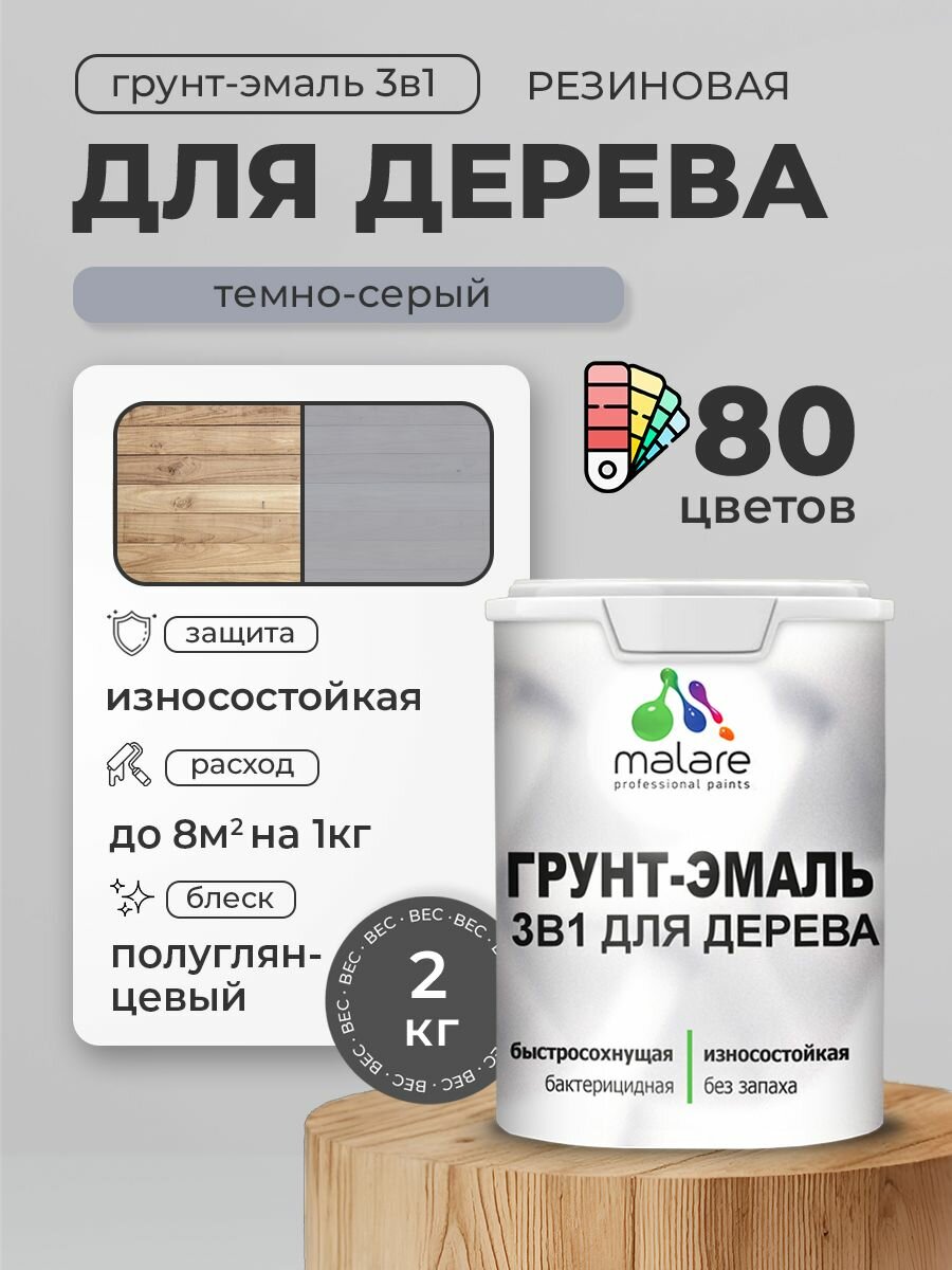 Резиновая Грунт-Эмаль 3 в 1 Malare для деревянных поверхностей/ краска по дереву с антисептическим эффектом/ быстросохнущая моющаяся без запаха полуглянцевая, темно-серый, 2 кг