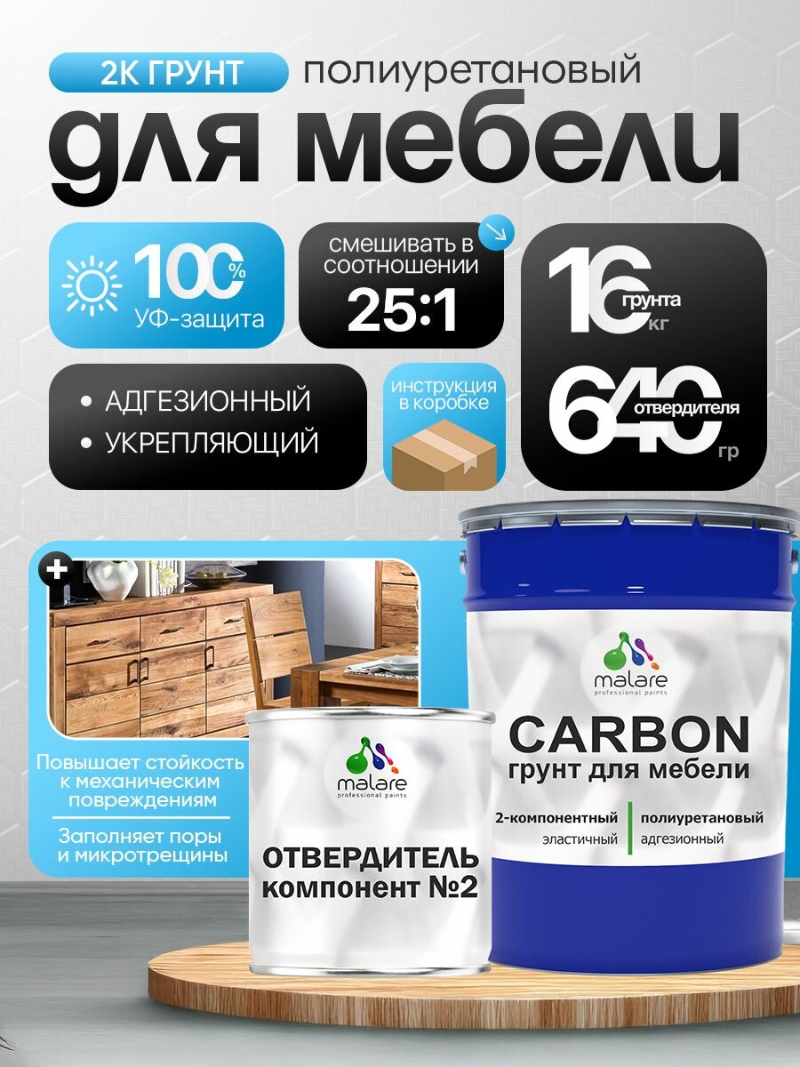 2К Полиуретановый грунт Malare CARBON для мебели, двухкомпонентный адгезионный, выравнивающий высокопрочный, износостойкий укрепляющий, УФ-стойкий эластичный (16 кг + 640 гр отвердитель)