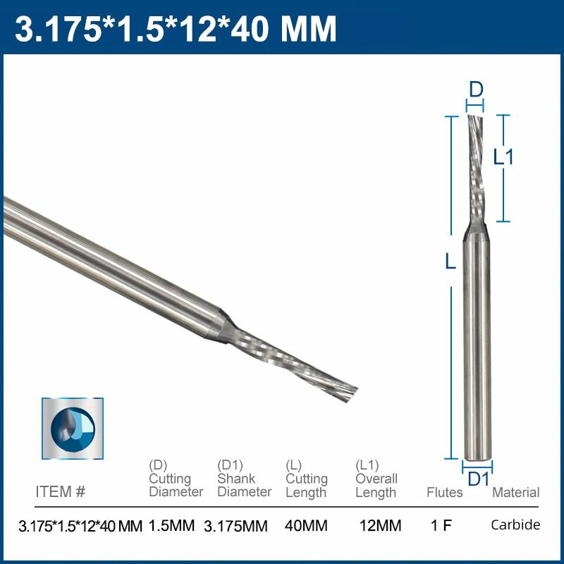 Фреза спиральная однозаходная XCAN, 3,175х1,5х12х40 мм, по дереву, левая