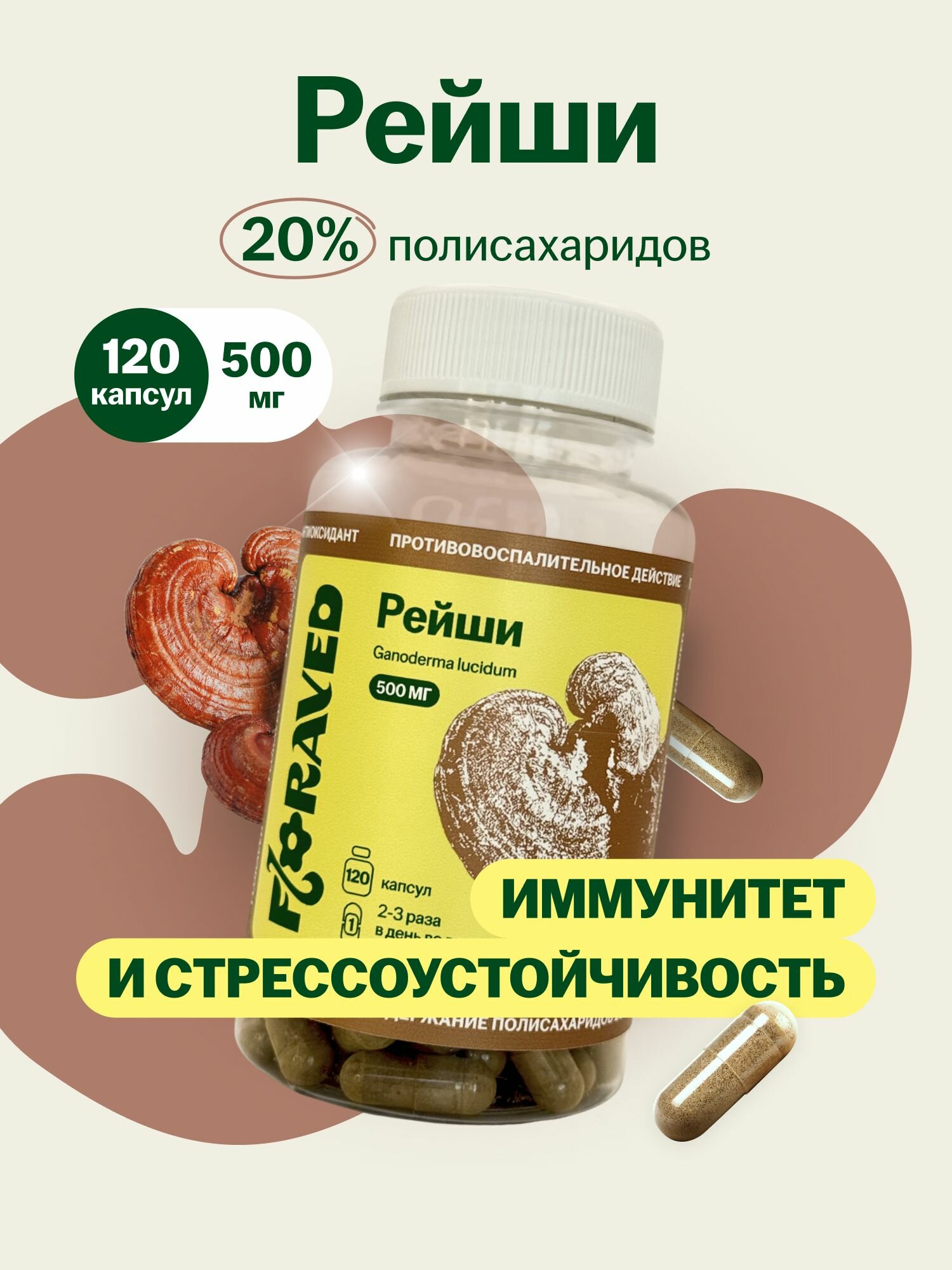 Рейши; экстракт для иммунитета, долголетия и стрессоустойчивости; 500 мг, 120 капсул