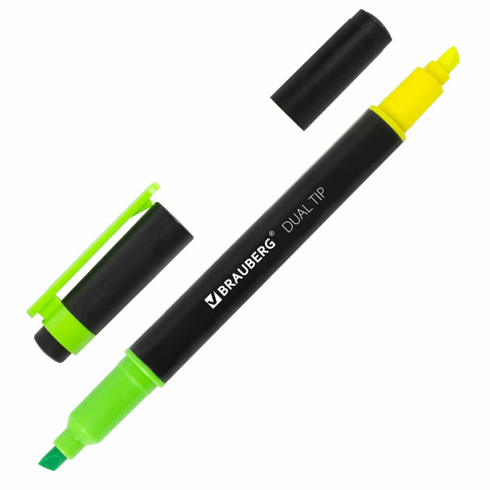 Текстовыделитель двусторонний BRAUBERG, желтый/зеленый, линия 1-4 мм, 150841, 150841