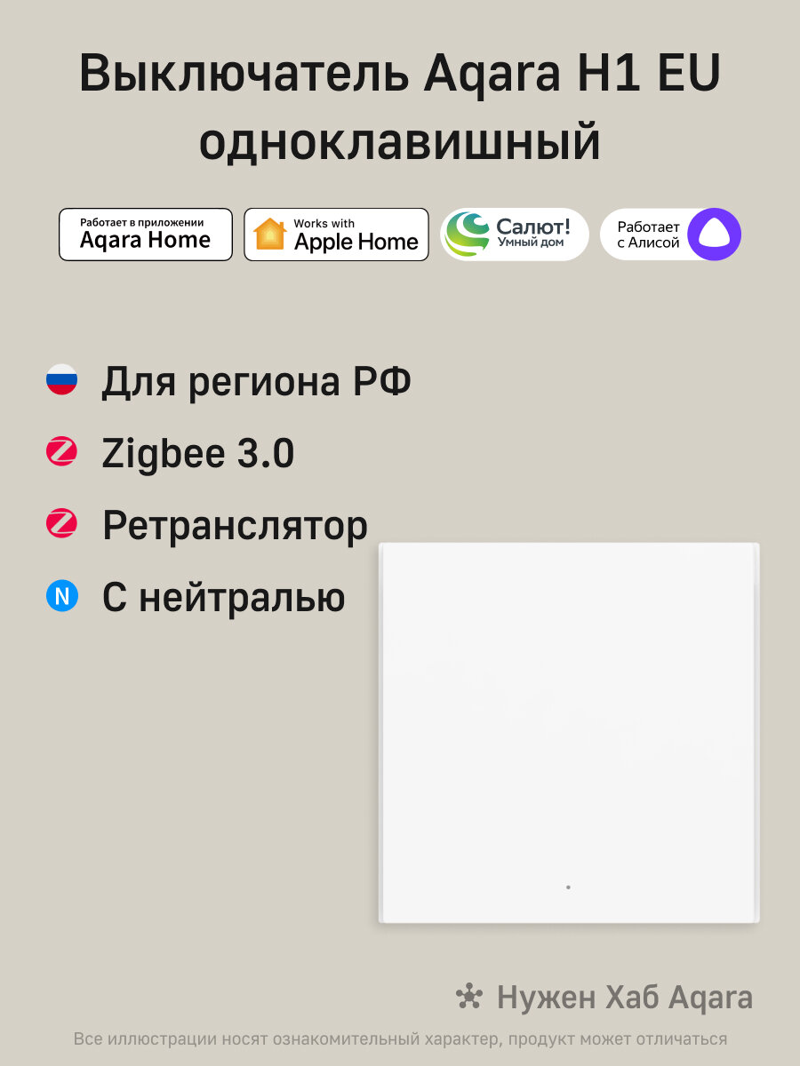 Умный выключатель одноклавишный с нейтралью Aqara H1 WS-EUK03, умный дом, белый