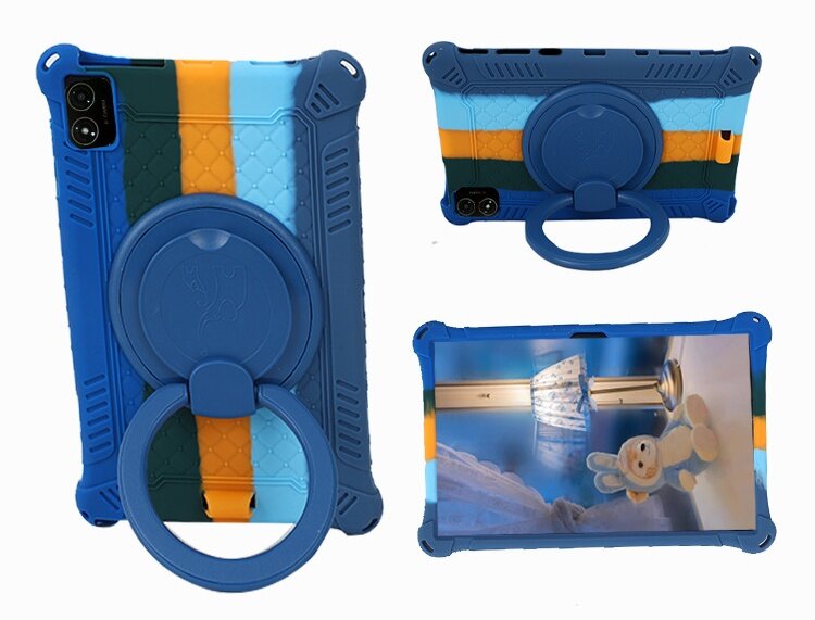 Силиконовый противоударный чехол-бампер MyPads «Cartone animato» для Teclast T40S с подставкой креативный дизайн мультфильм тематика «Радуга» синий.