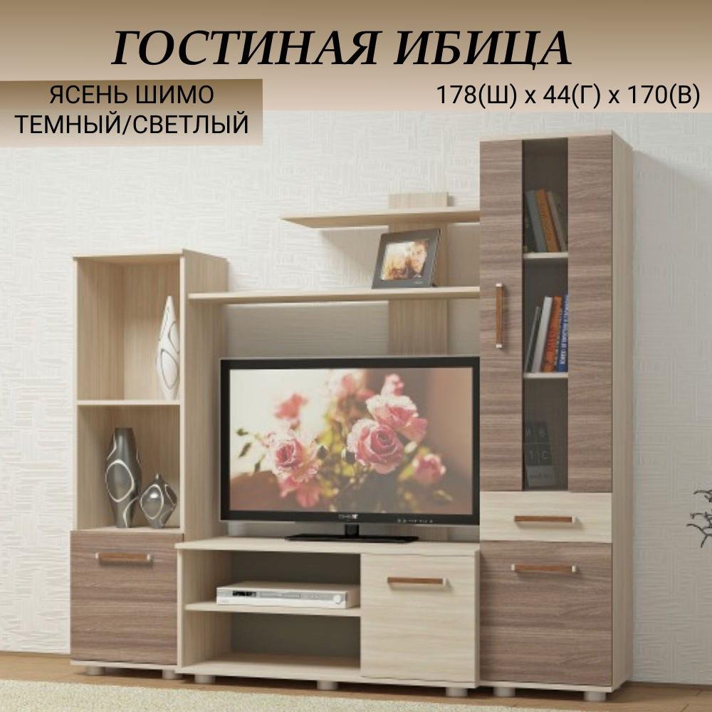 Гостиная Ибица, ширина 178 см, ясень шимо темный/светлый, 178х44х170 см