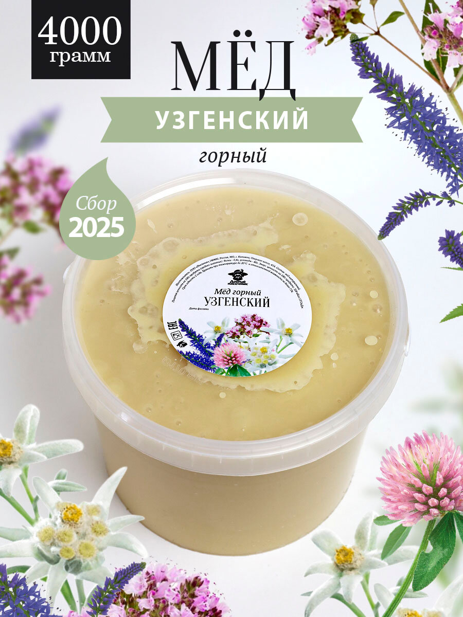 Узгенский горный мед 4000 г, для иммунитета, вкусный подарок, полезный подарок