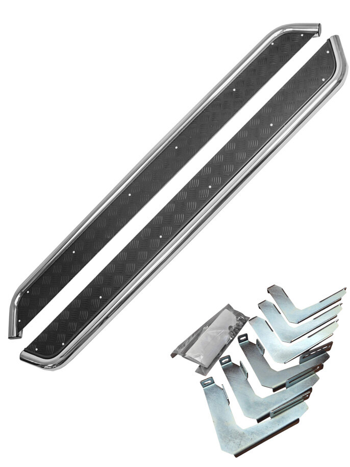 Пороги площадки нержавеющие с анодированным дюралевым листом для Mitsubishi L200 (Митсубиси Л200) 2014-2021 с креплениями