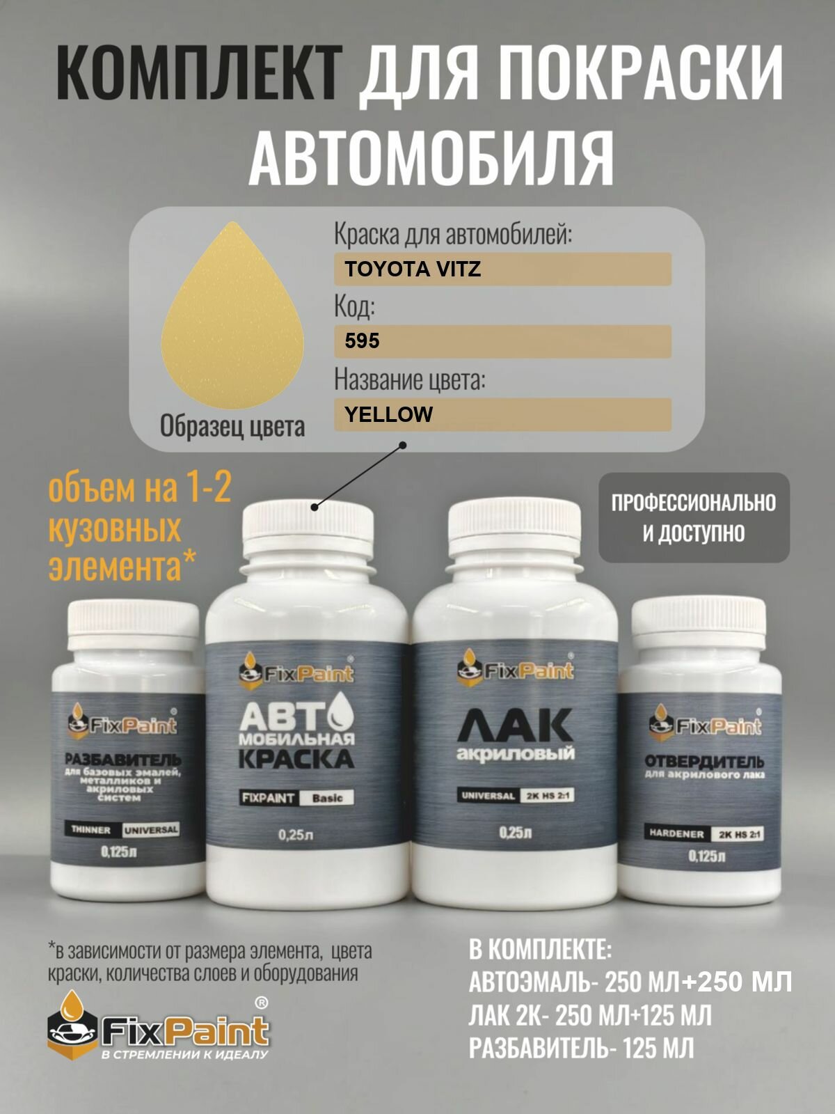 Комплект для покраски TOYOTA VITZ, код 595, Трехслойная YELLOW, базовая автомобильная краска 500 мл, лак 2K 250 мл с отвердителем, разбавитель 125 мл, FixPaint Pro