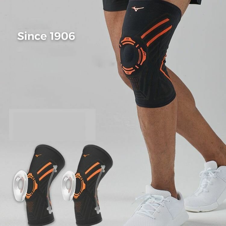 Спортивные наколенники с пружинной опорой Mizuno, полная защита, черный и оранжевый, 2 шт. М, подходит для окружности колена 31-35 см.