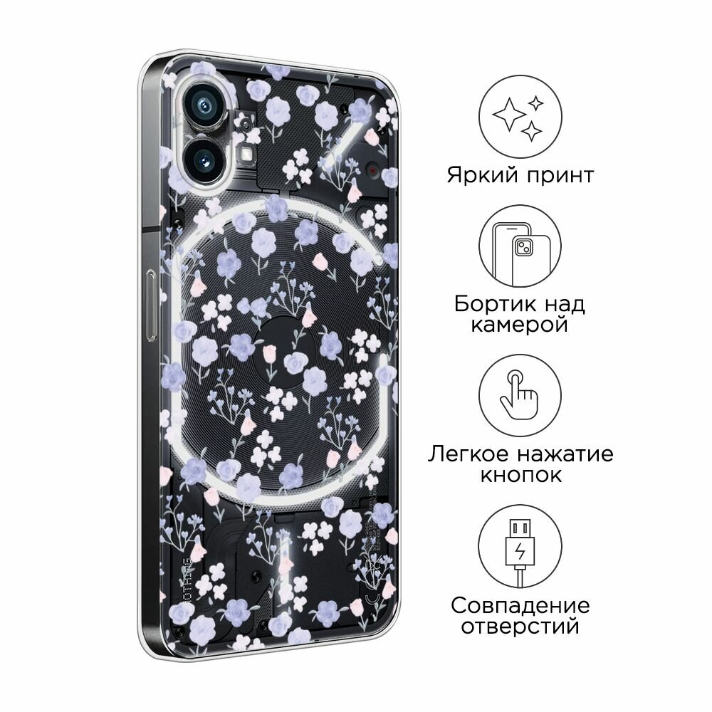 Чехол на Nothing Phone 1 / Нафинг Фон 1 с принтом "Сиреневые розы паттерн", прозрачный — фото 1