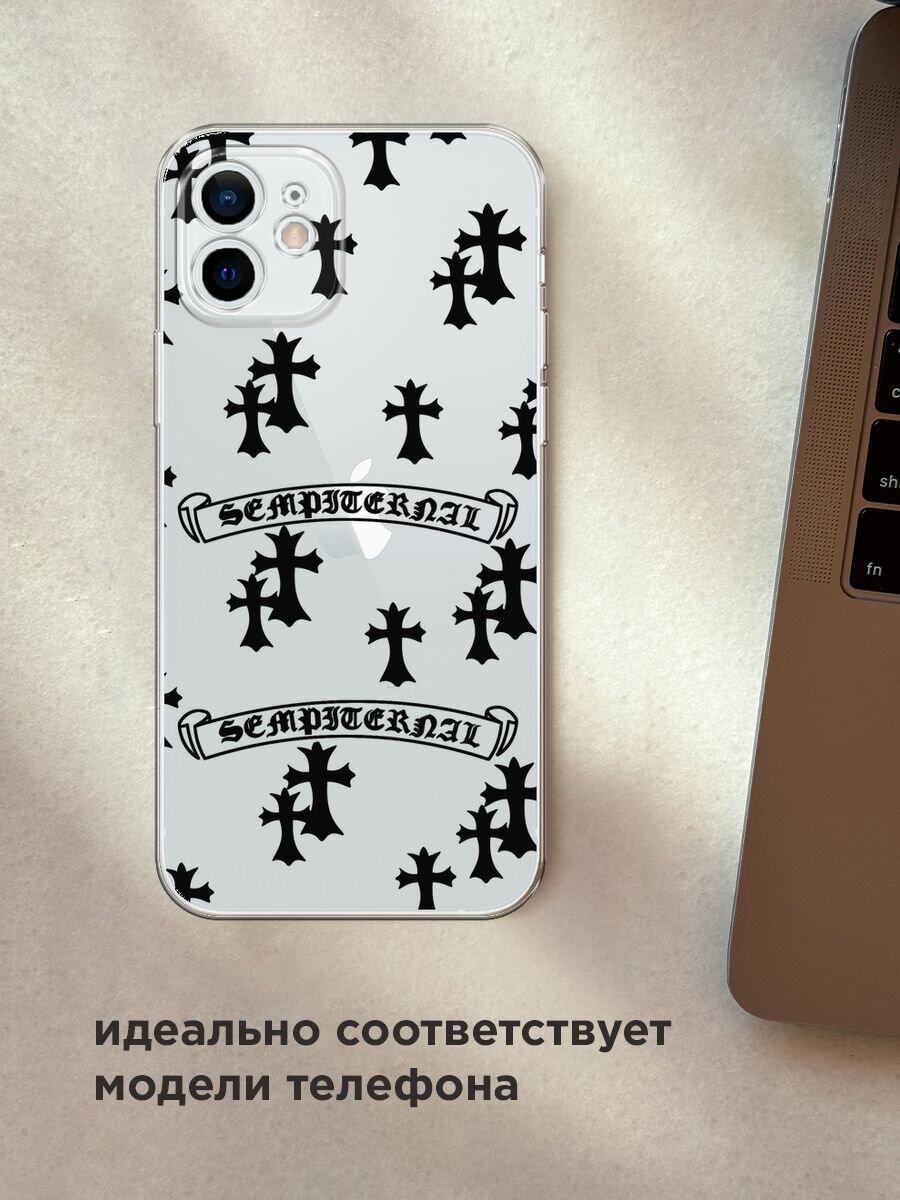 Чехол на Apple iPhone 12 mini / Айфон 12 Мини с принтом "Кресты паттерн чёрный", прозрачный — фото 1