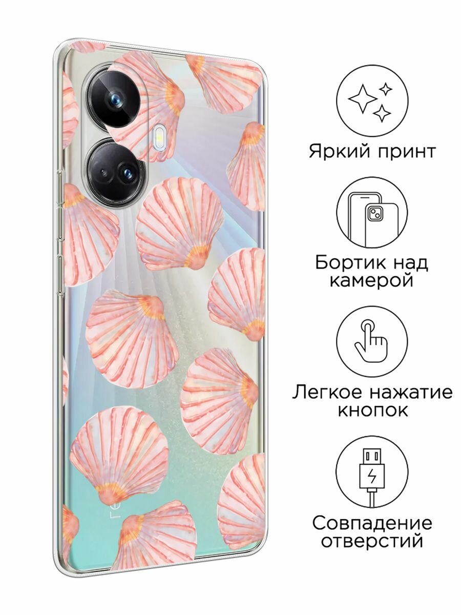 Чехол на Realme 10 Pro+ / Реалми 10 Про+ с принтом "Ракушки паттерн", прозрачный — фото 1