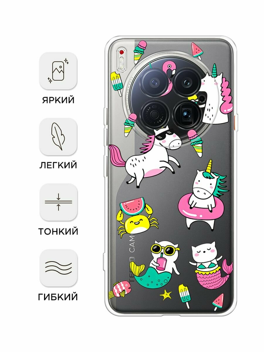 Чехол на Tecno Camon 40 Premier / Текно Камон 40 Премьер с принтом "Единороги в отпуске", прозрачный — фото 1