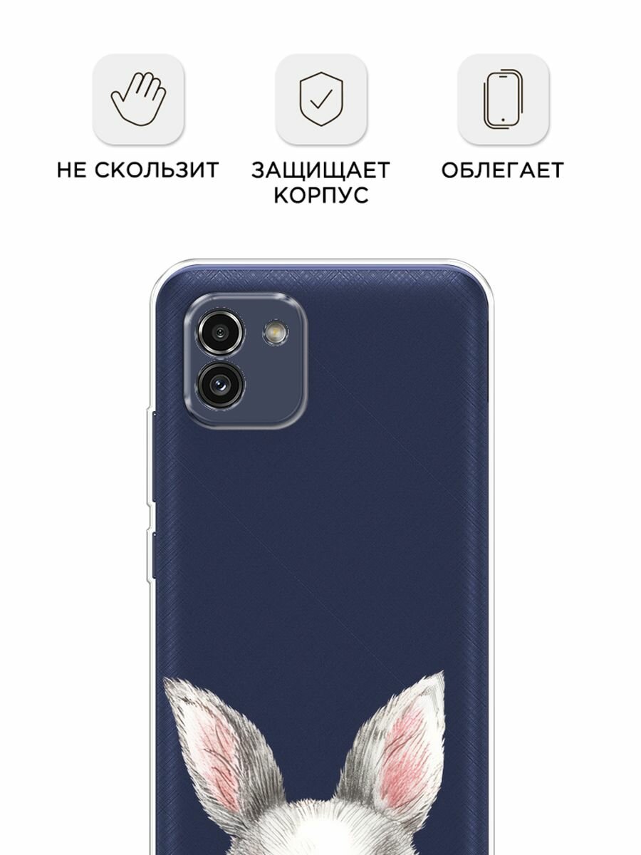 Чехол на Samsung Galaxy A03 / Самсунг Галакси А03 с принтом "Карандашный кролик 2 - 8 марта", прозрачный — фото 1