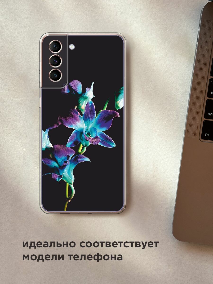 Чехол на Samsung Galaxy S21 + / Самсунг Галакси S21 Плюс с принтом "Синий цветок на черном" — фото 1