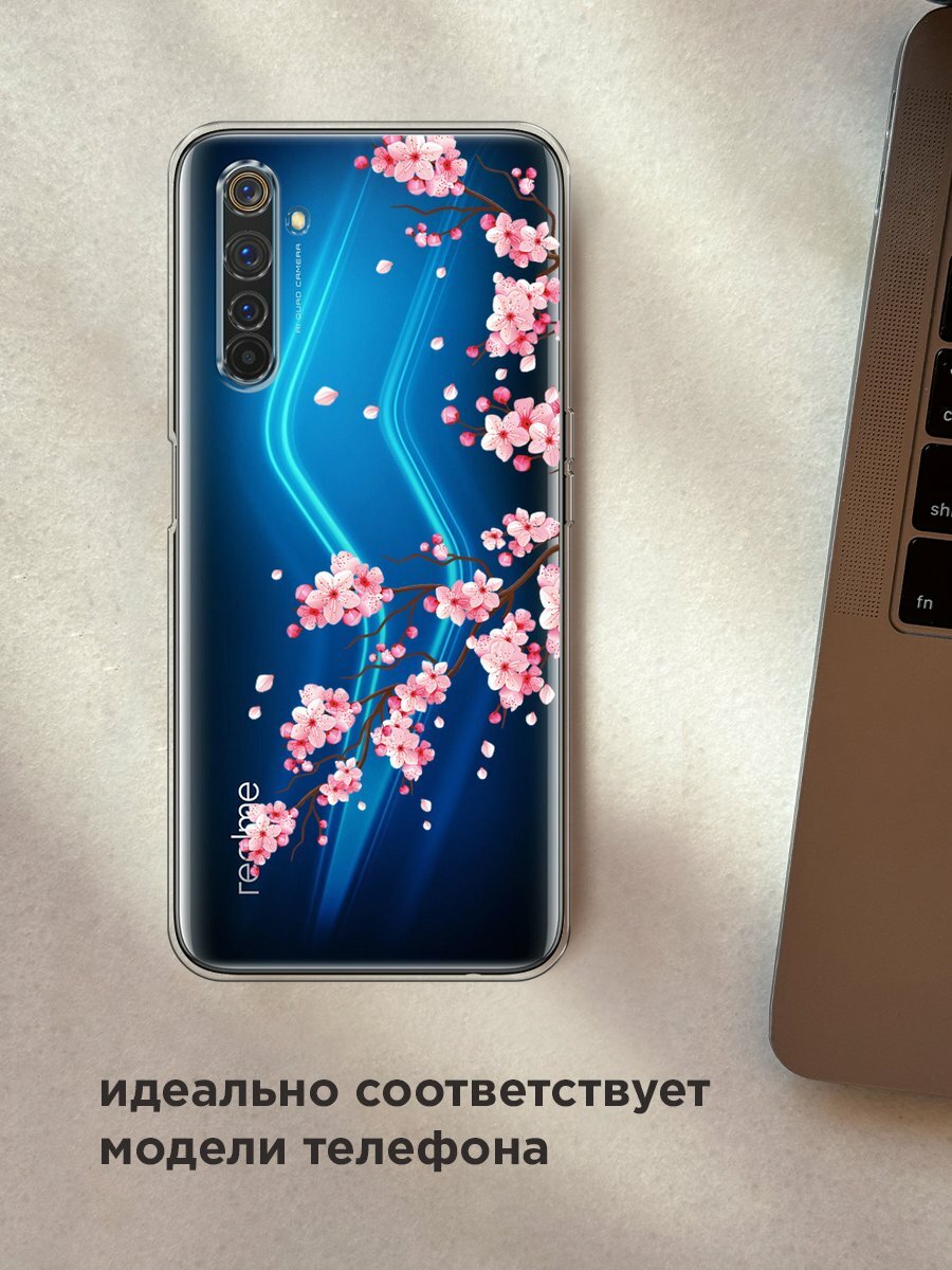 Чехол на Realme 6 Pro / Реалми 6 Про с принтом "Цветущая ветка сакуры рисунок", прозрачный — фото 1