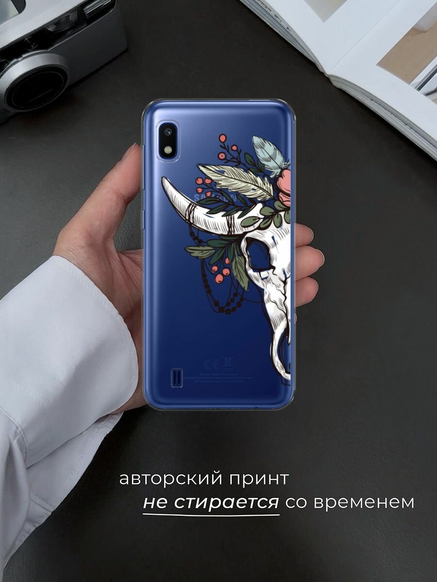Чехол на Samsung Galaxy A10 / Самсунг Галакси А10 с принтом "Череп быка с цветами", прозрачный — фото 1