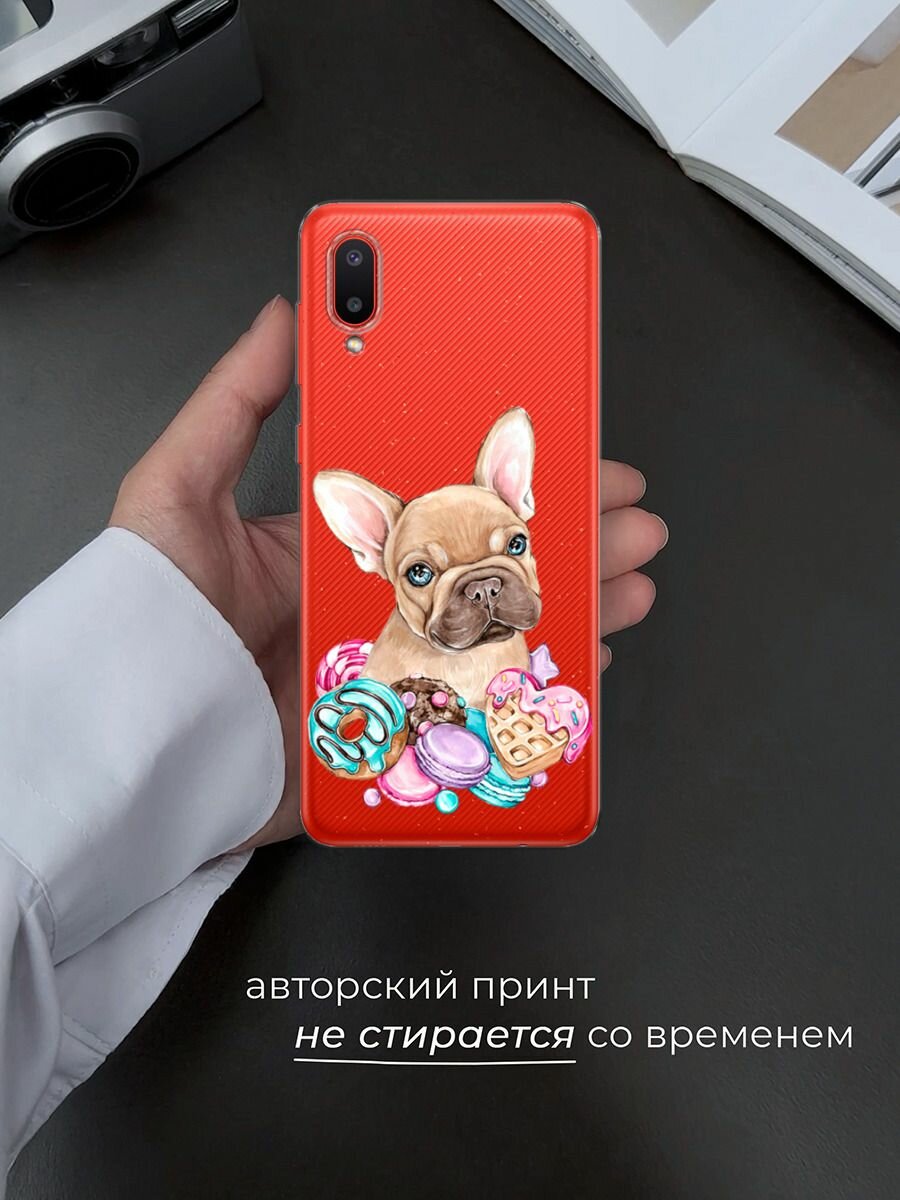 Чехол на Samsung Galaxy A02 / Самсунг Галакси А02 с принтом "Бульдог и сладости", прозрачный — фото 1