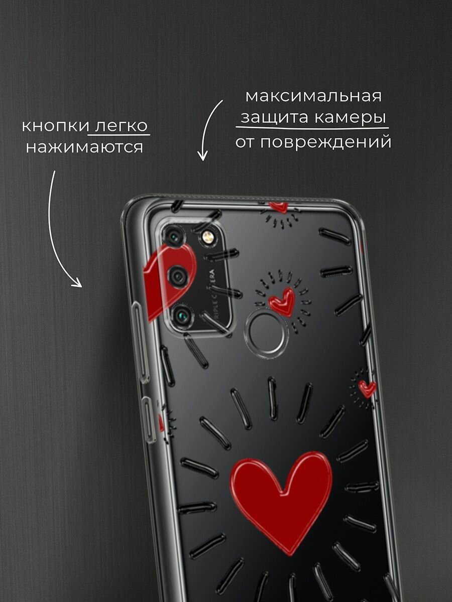 Чехол на Honor 9A / Хонор 9А с принтом "Бордовые сердца паттерн" — фото 1
