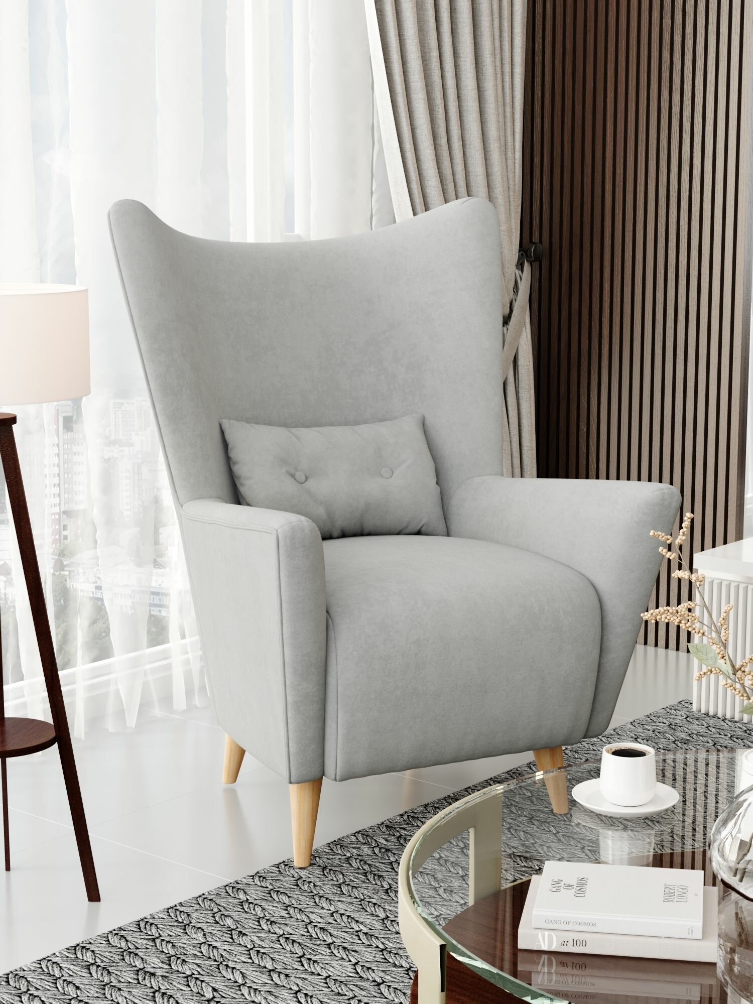 Кресло мягкое для дома, отдыха в гостиной Грейс от W&B, премиум велюр светло-серый