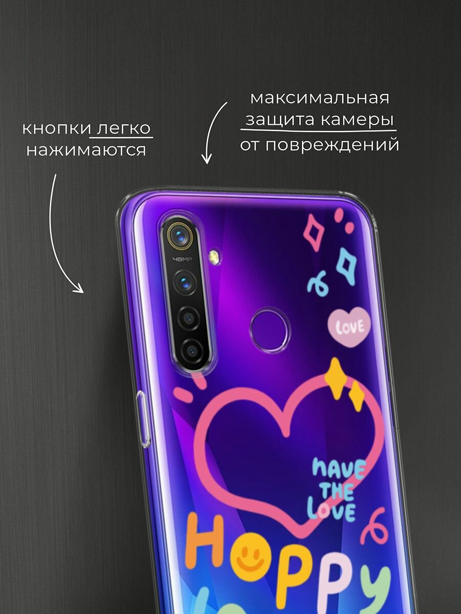 Чехол на Realme 5 Pro / Реалми 5 Про с принтом "Happy lovely", прозрачный — фото 1