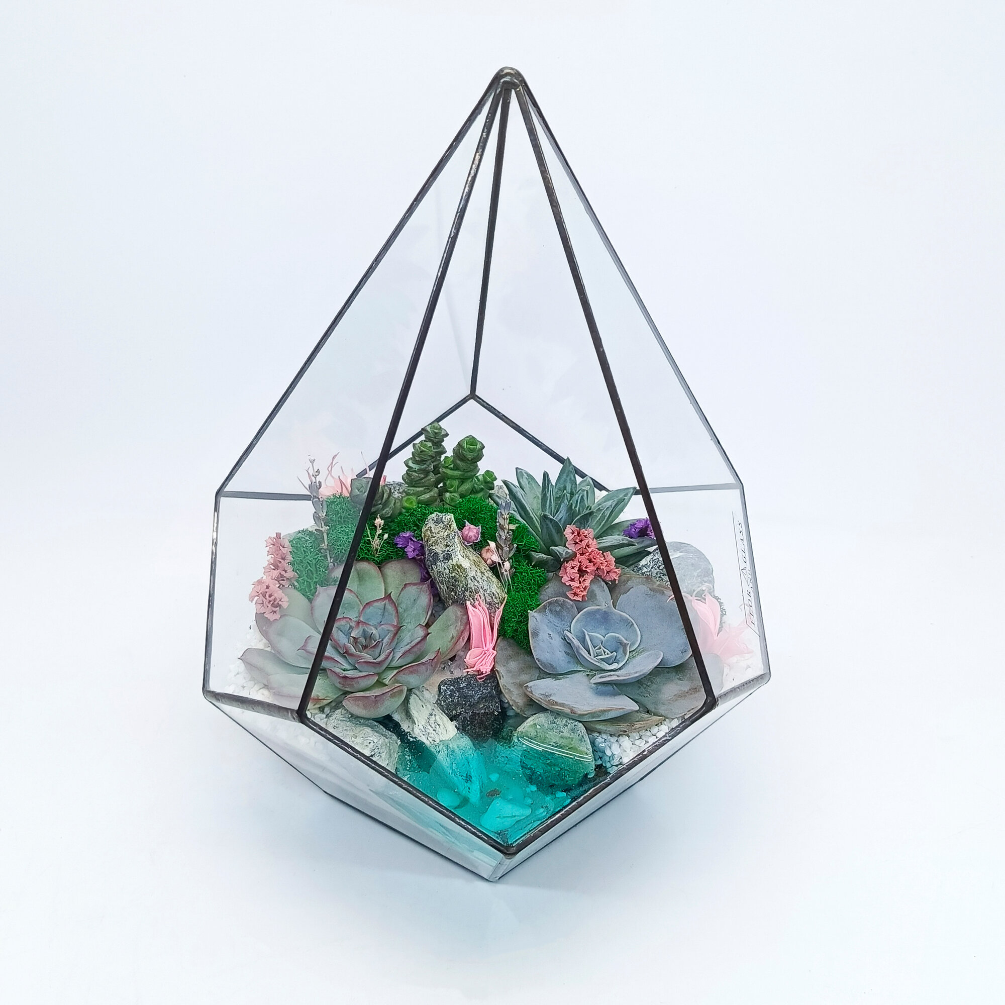 Флорариум с суккулентами "Бархатная нежность" с озером Капля 18х26см