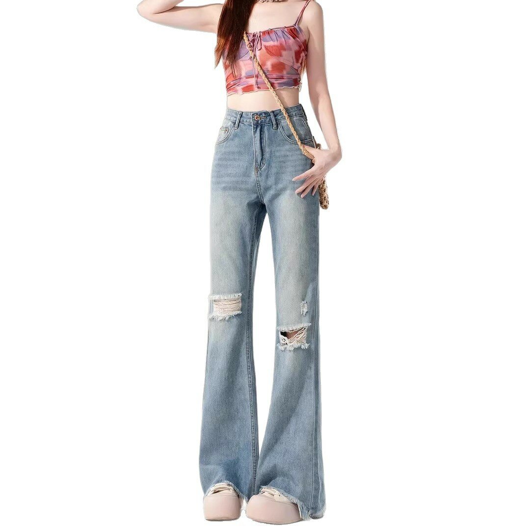 Женские джинсы LI Mall Осенние новинки светлые микрофлеровые — дизайнерские рваные высокоходные штаны, Размер_4XL