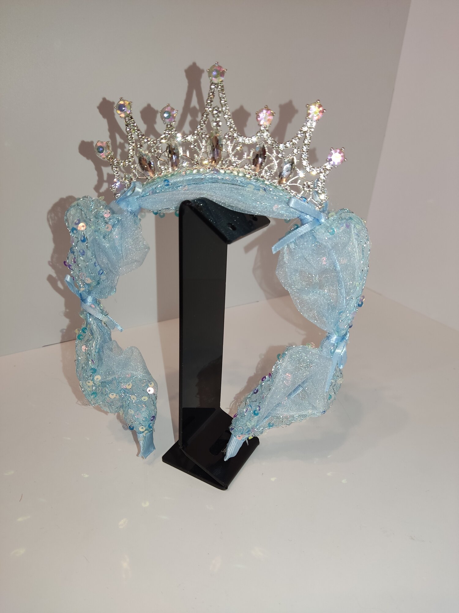 Ободок для волос "Корона", голубой, металл, органза, стразы