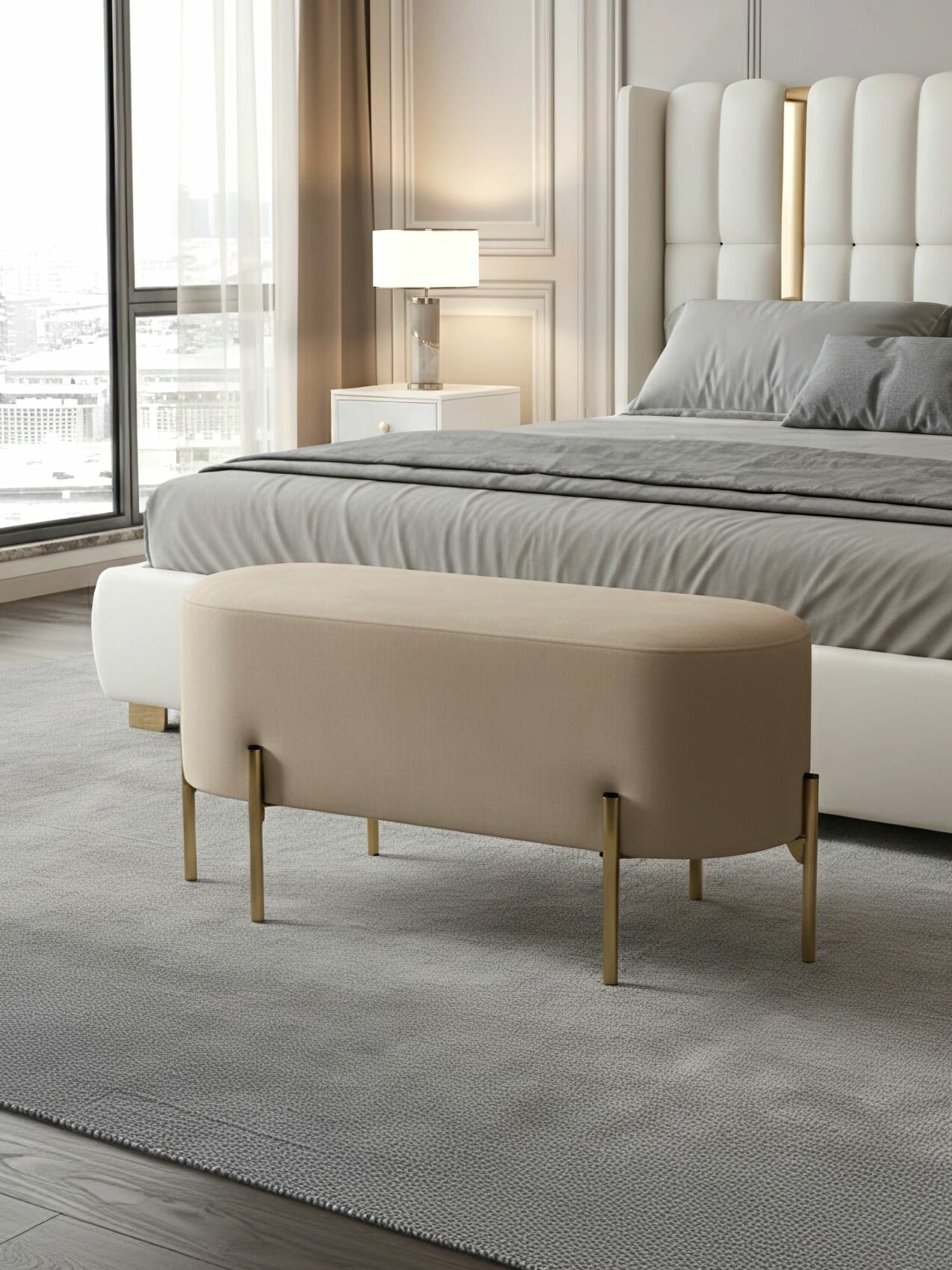 Банкетка для туалетного столика, пуф дизайнерский в гостиную, спальню с ножками с золотым покрытием, овальный 78х42x32, бежевый