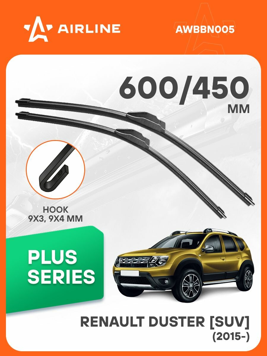 Щетки стеклоочистителя для Renault Duster SUV (2015-) 600/450мм 2 шт бескаркасные PLUS / Дворники автомобильные Рено Дастер AIRLINE AWBBN005