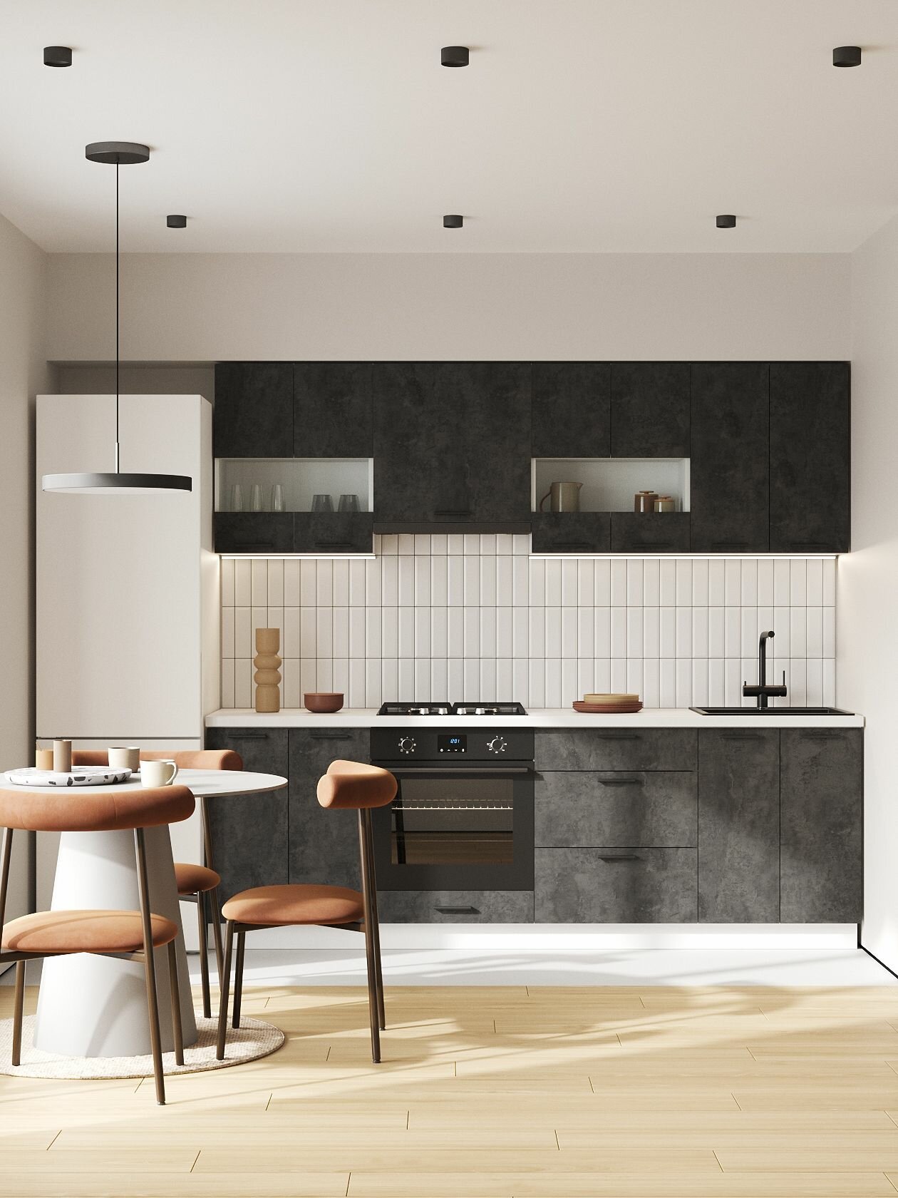 Кухонный гарнитур Урбан 2.4 м, мебель для дома и кухни, Белый / Цемент темный со стеклом