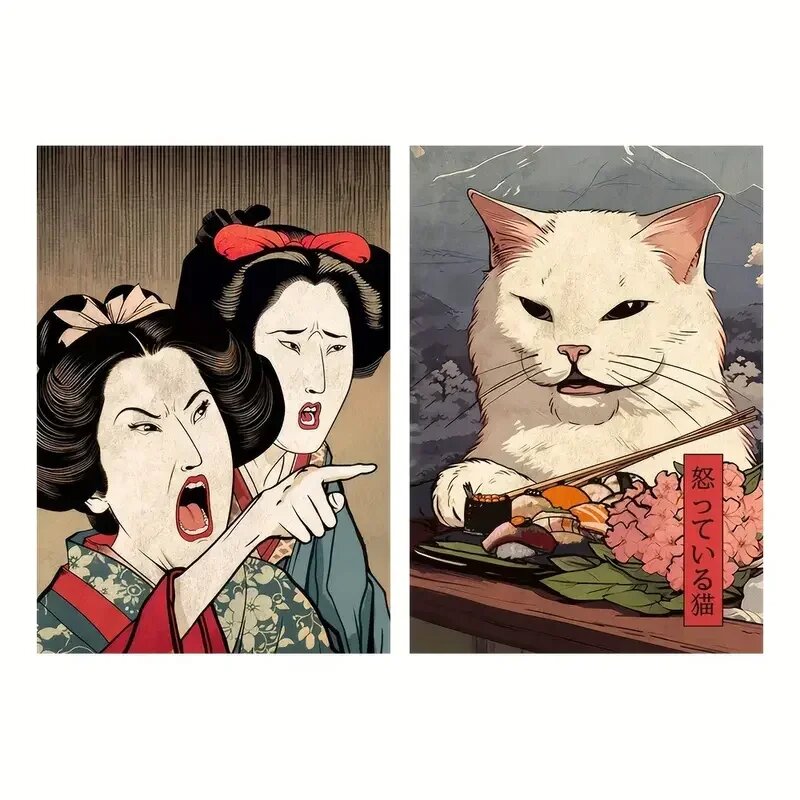 2 шт. абстрактная японская женщина и кошка холст картина постер классическая винтажная галерея спальня гостиная идеальный подарок настенное искусство