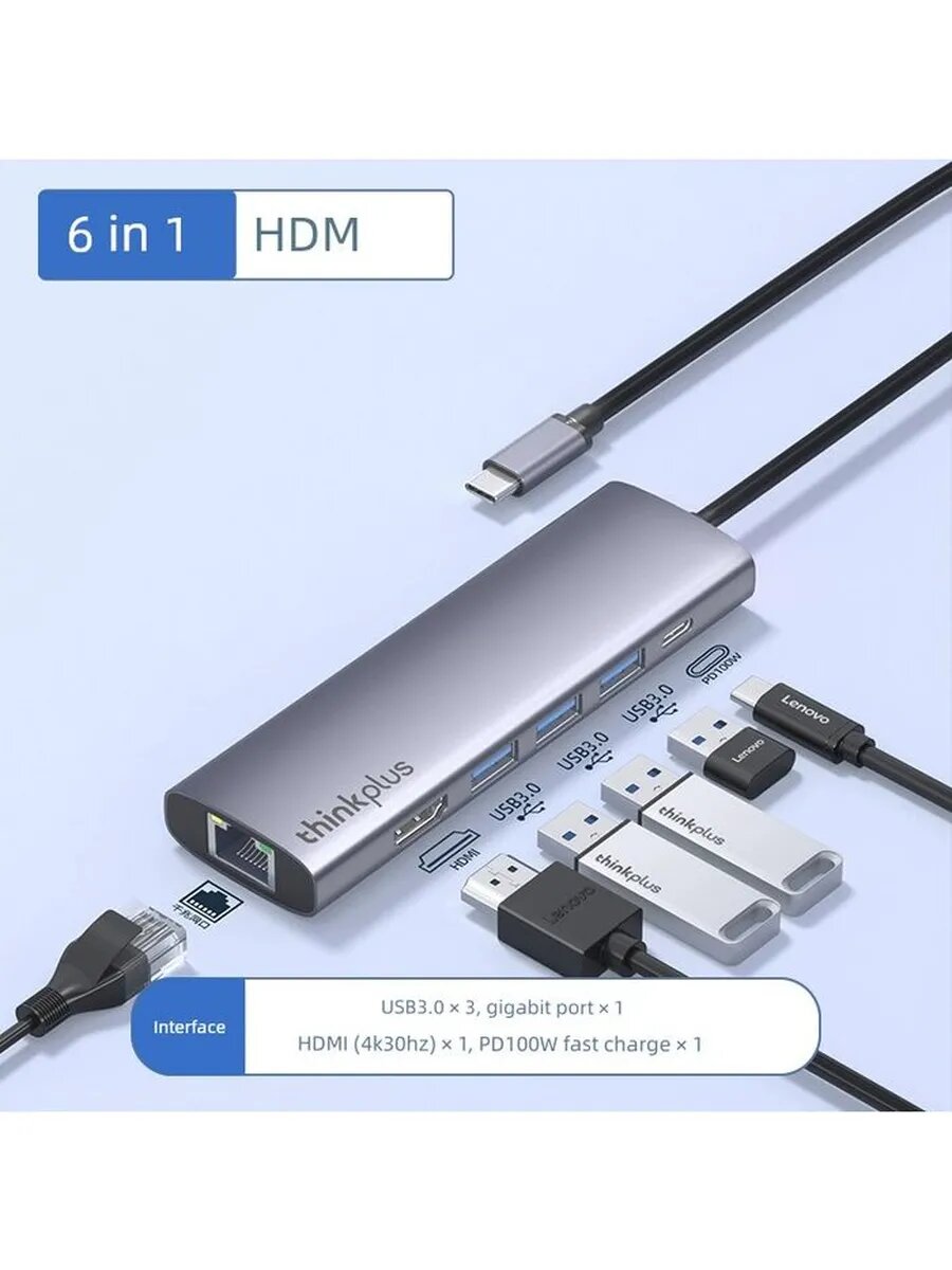 Lenovo док-6 в 1 HDMI, USB3.0x3, PD, гигабитный порт