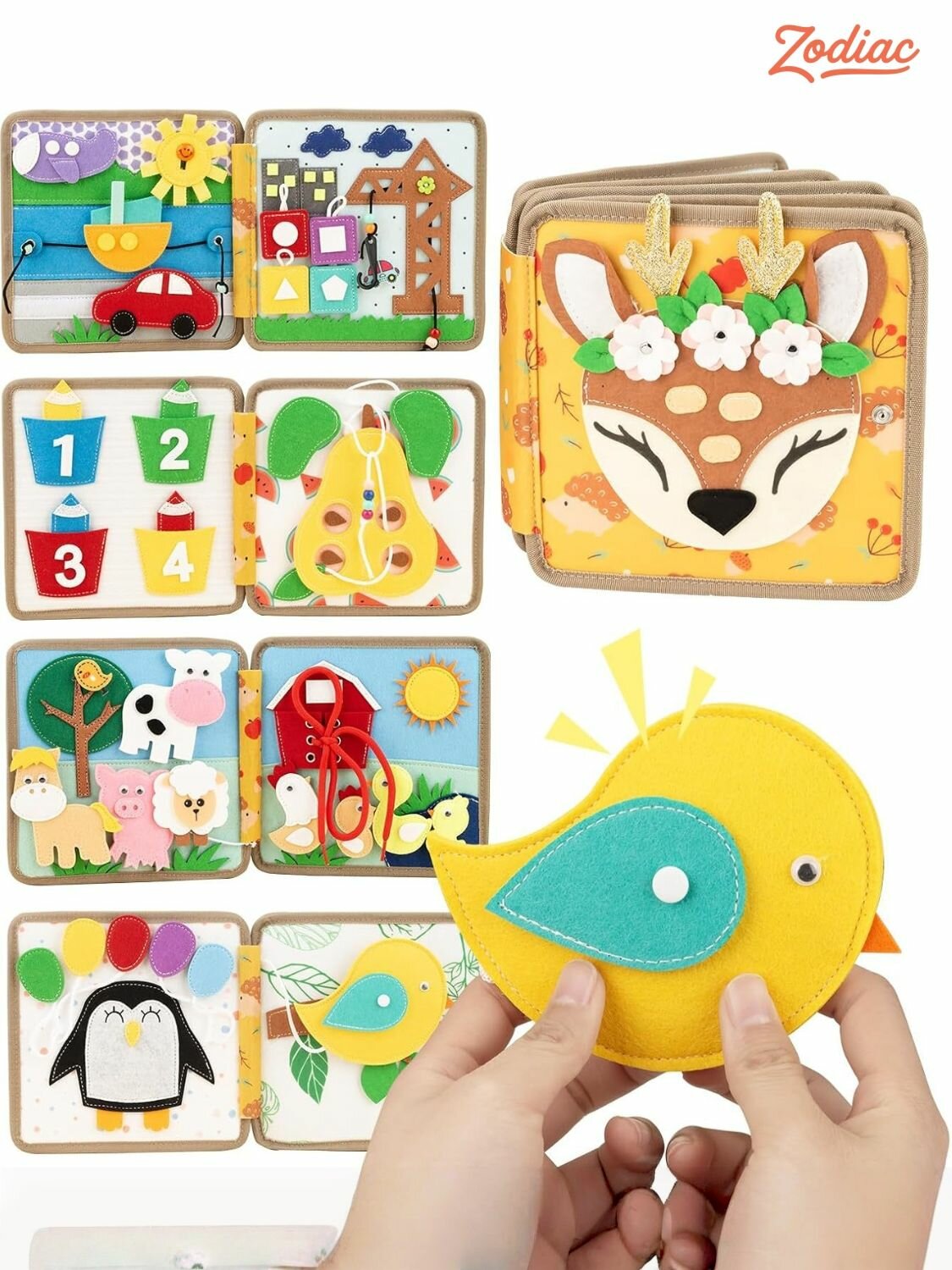 Книжка-Пятнистый олень, детская развивающая игрушка, книга из сенсорной фетровой ткани, доска для занятий малышей, обучение основным жизненным навыкам, подходит для детей от 1 до 6 лет.