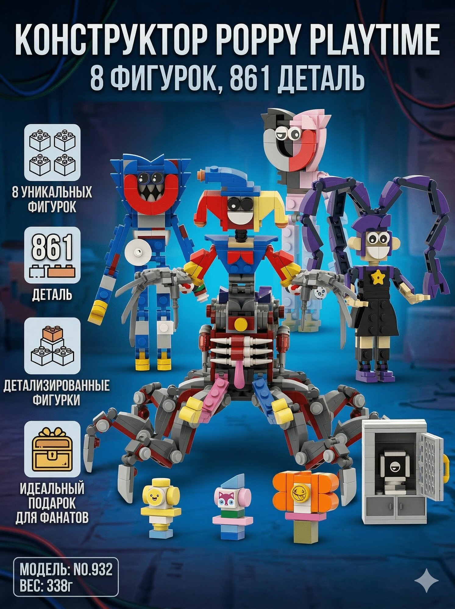 Конструктор Poppy Playtime, 8 фигурок, 861 деталь / Подарок для фанатов игры, Хагги Вагги