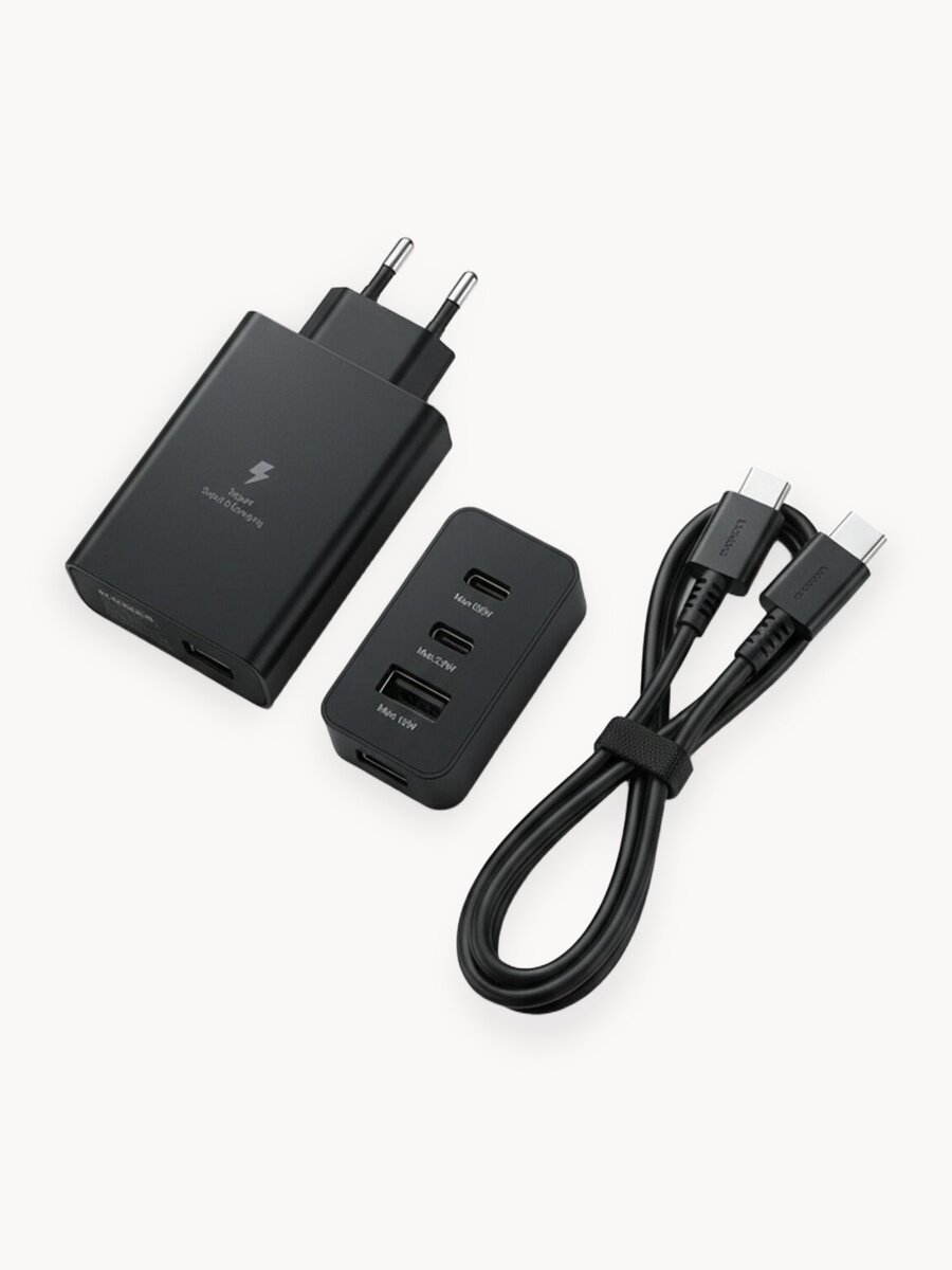 Зарядное устройство Samsung Power Adapter Trio 65W, черное, с кабелем Type-C/Type-A