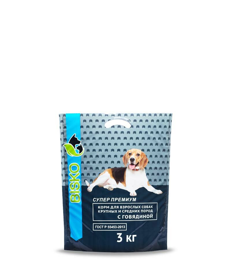 Сухой корм Биско/Bisko. Корм для взрослых собак крупных и средних пород супер премиум с говядиной 3 кг