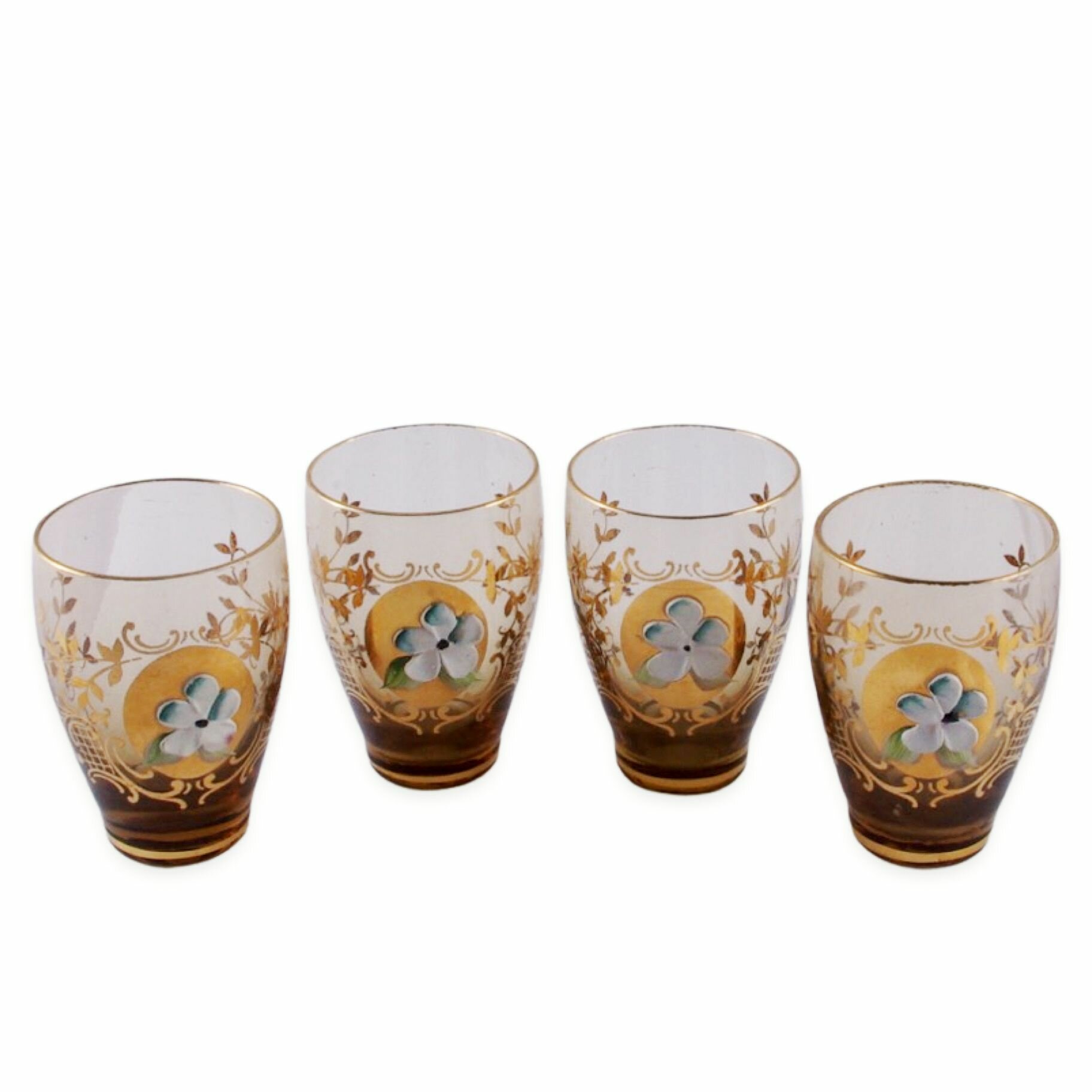 Винтаж. Комплект рюмок с лепкой "Идеал". Стекло, лепка, золочение. Bohemia, Чехия, конец ХХ века.