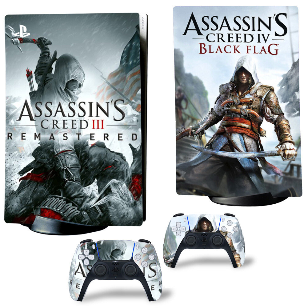 Наклейка виниловая защитная на игровую консоль Sony PlayStation 5 Fat Disc Edition, Assassins creed №2, полный комплект с геймпадами