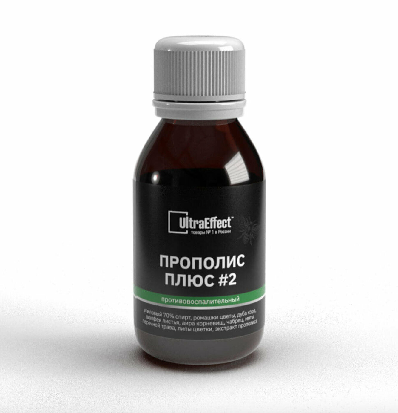 Прополис Плюс травы #2 UltraEffect Противовосполительное средство для полости рта. Состав: растительный экстракт ромашковых цветов и цветков липы, дубовой коры, листьев шалфея, перечной мяты, чабреца и корневища аира.