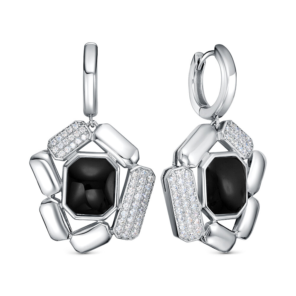 Серьги, серебро, 925 проба, оникс, фианит