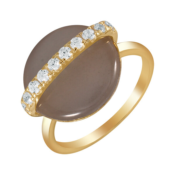 Перстень, серебро, 925 проба, золочение, родирование, циркон, лунный камень