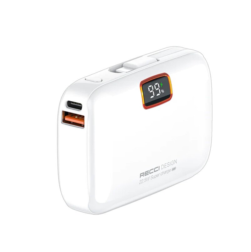 Внешний аккумулятор Recci Genius, 10000 mAh, USB + Кабель Type-C SCP 22.5 W + Кабель Lightning PD20W, White Varnish