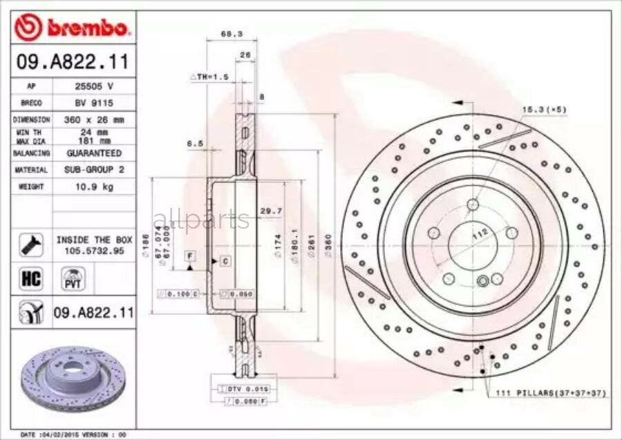 BREMBO 09. A822.11 Диск тормозной MERCEDES CLS 11-/W212 09- 63AMG задний перф. D 360мм.