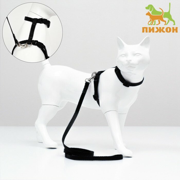 Комплект для кошек, ширина 1 см, ОШ 16,5-27 см, ОГ 21-35 см, поводок 120 см, чёрный, 7626837