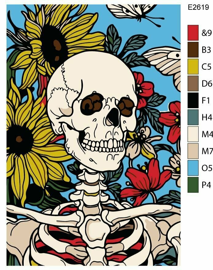 Детская картина по номерам E2619 "Скелет в подсолнухах, цветах и бабочках" 20x30